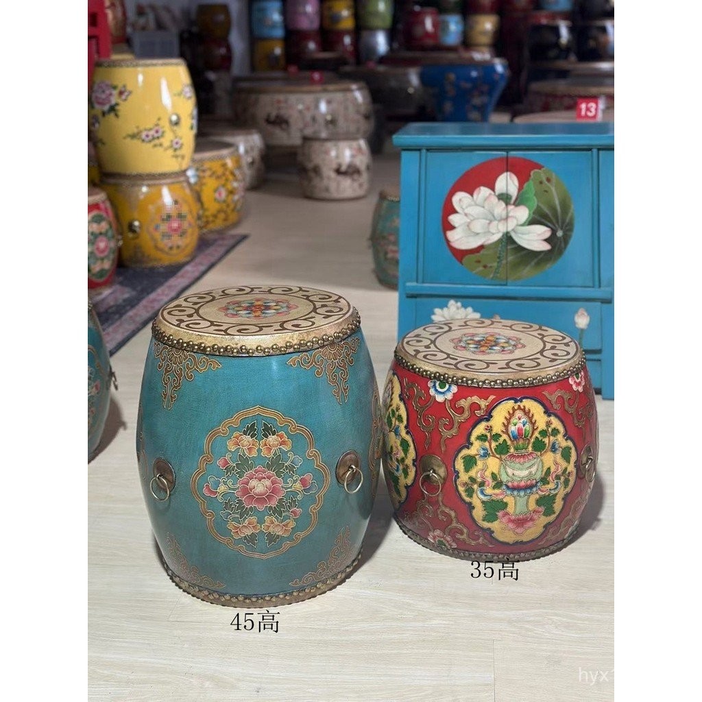 Drum Stool Chinese Style Solid Wood Guzheng Stool Drum Pedestal Cowhide ...