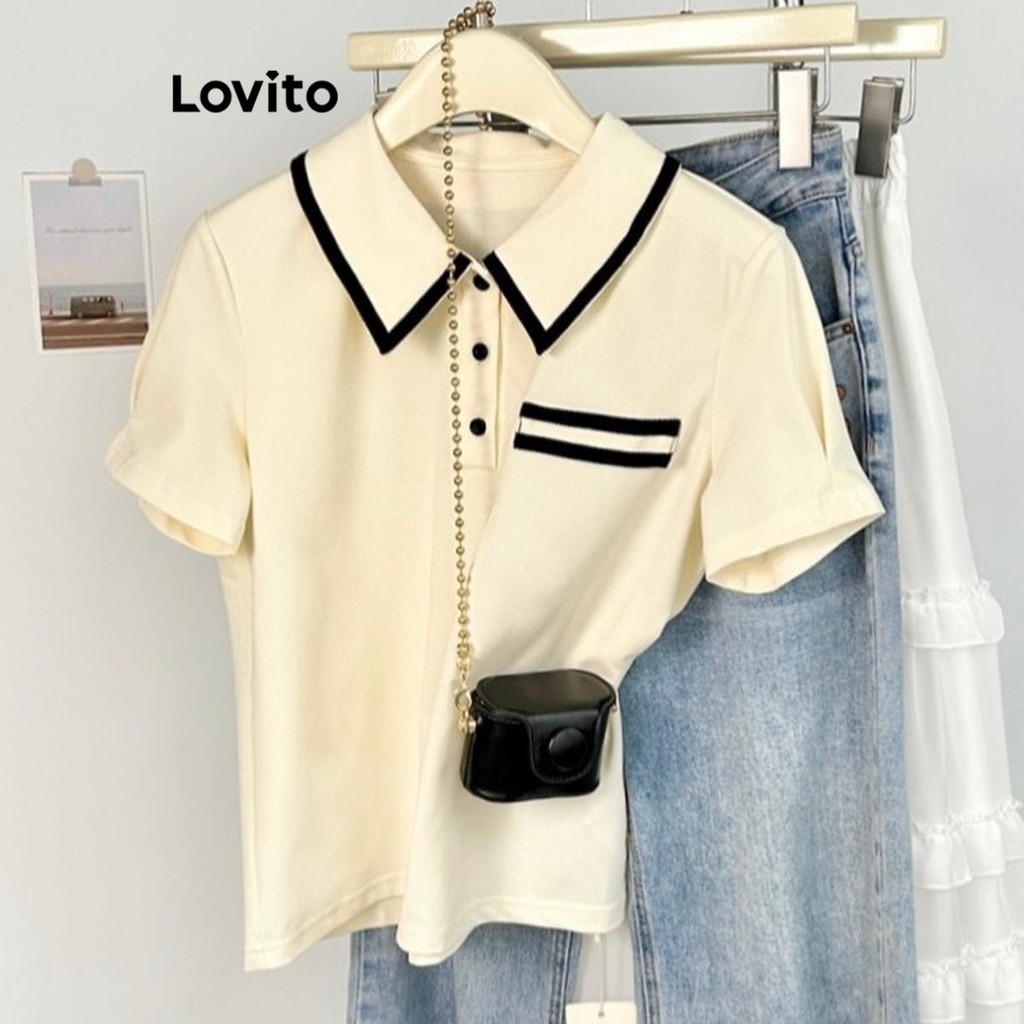 Lovito Women Casual Plain Contrast Binding Fake Pocket T-Shirt LNM68161 ...