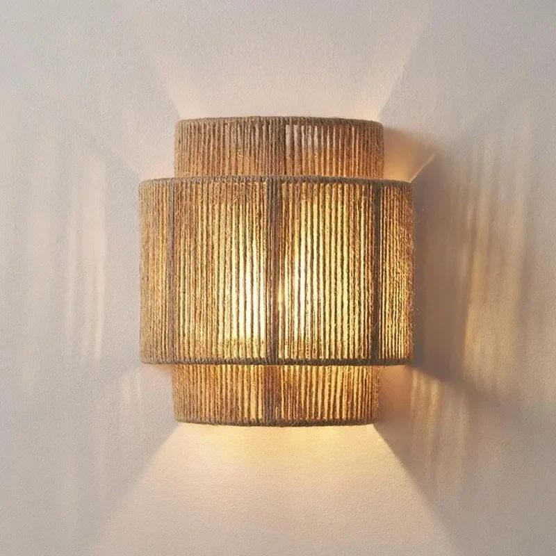 Led Vintage Bamboo Sconce Lamp Hemp Rope Bedroom Bedside Lights Dining ...