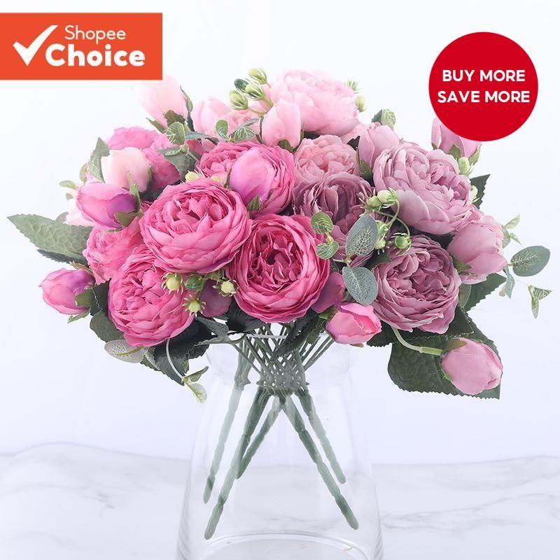 30cm Rose Pink Silk Peony Artificial Flower Bouquet 5 Big Heads Cheap ...