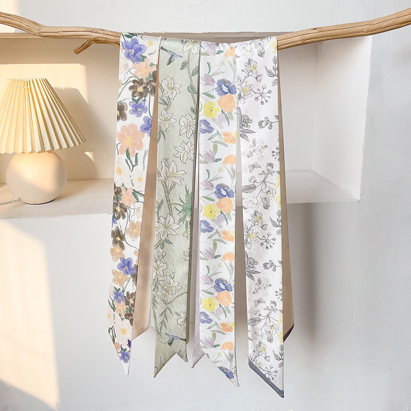 Japanese style flowers silk scarf for women twilly scarf for bags ...