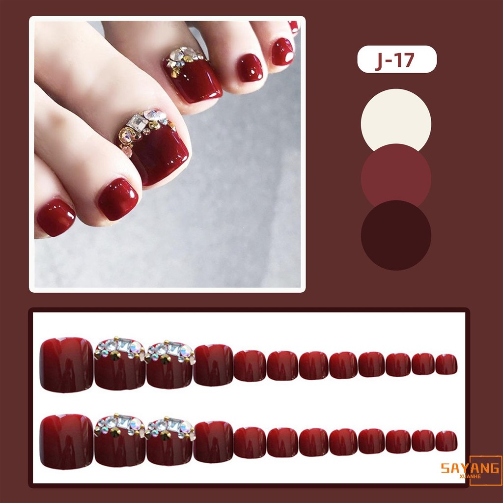Wine-Red Fake Toenails with Rhinestone Not Hurting Hands Not Easy to ...
