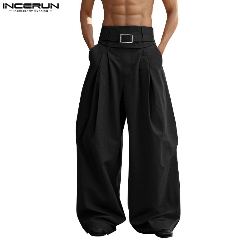 INCERUN Men Vintage Casual Solid Color Loose Wide Leg Pants | Shopee ...