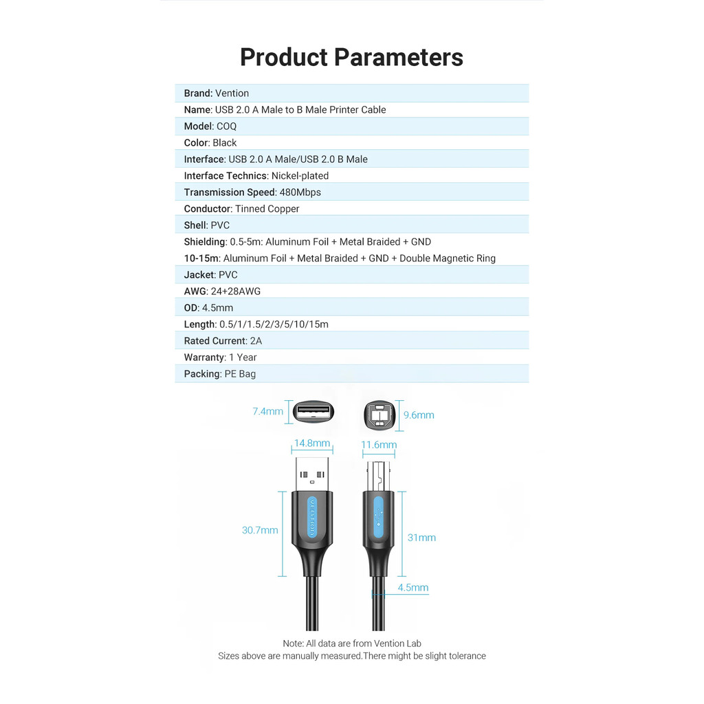 Vention USB Printer Cable USB Type B Male to A Male USB 2.0 Cable for ...
