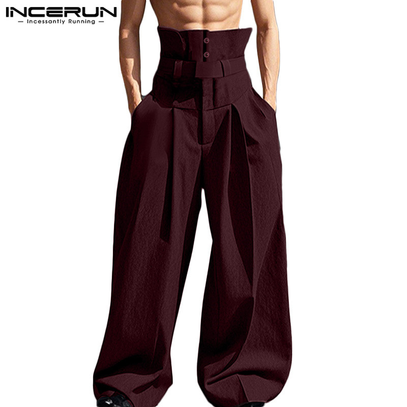 INCERUN Men Vintage Personalized High Waist Loose Casual Wide Leg Pants ...