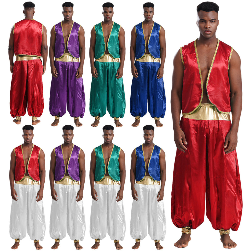 Men Aladdin Arabian Prince Cosplay Costume Open Front Curved Stain Vest ...