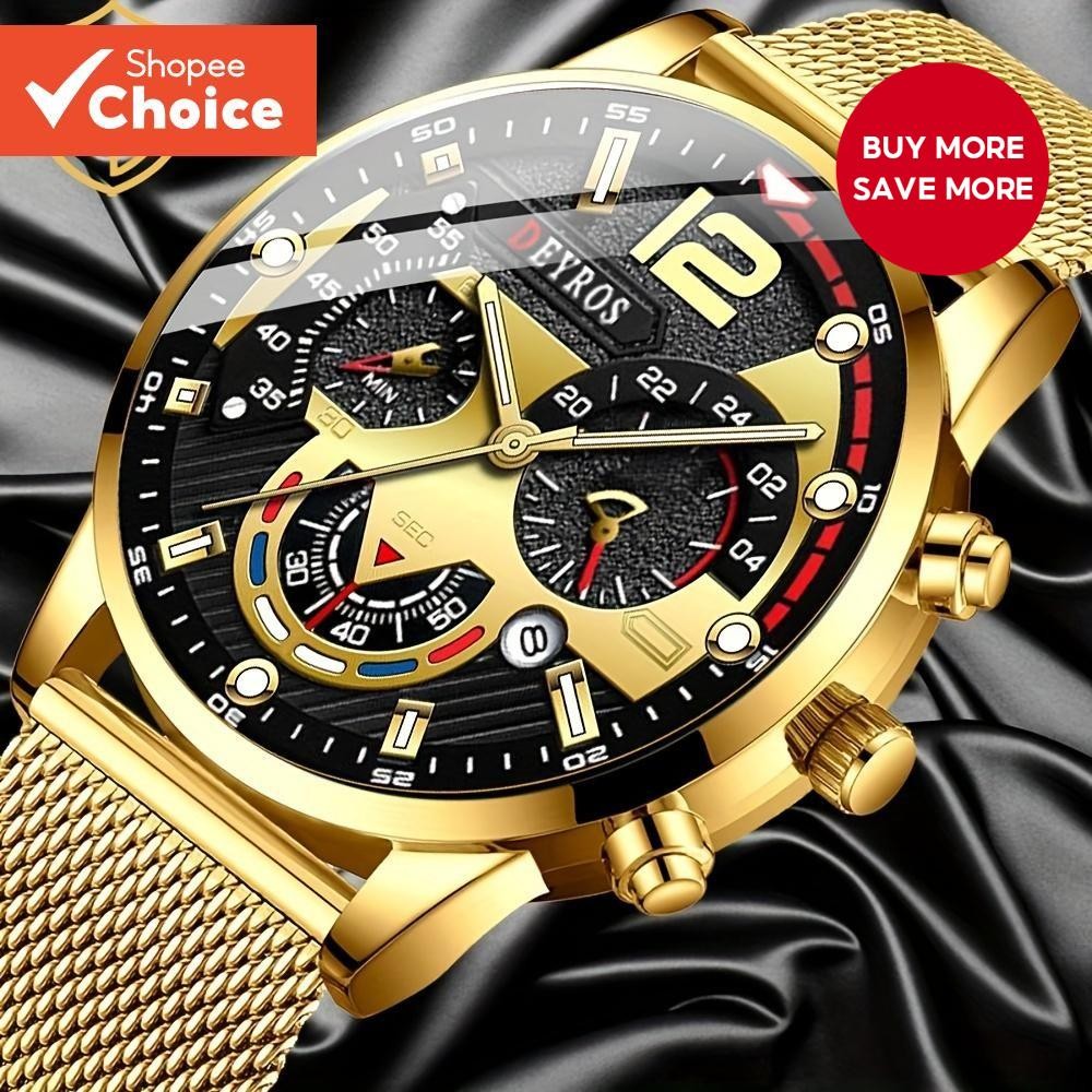 DEYROS Men's Calendar Watch Fashion Business Mesh Strap Quartz Watch ...
