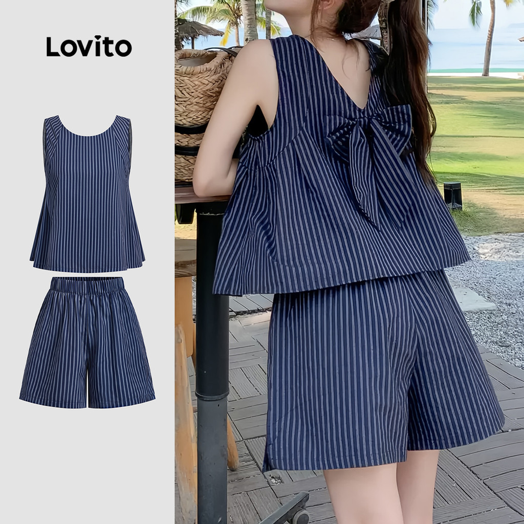 Lovito Women Casual Shorts Sets Geometric Spring/summer Navy Blue ...