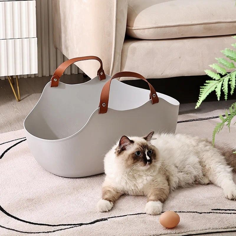 Portable Large Litter Box,Handles Open Semi-Closed Cat Litter Box,Non ...