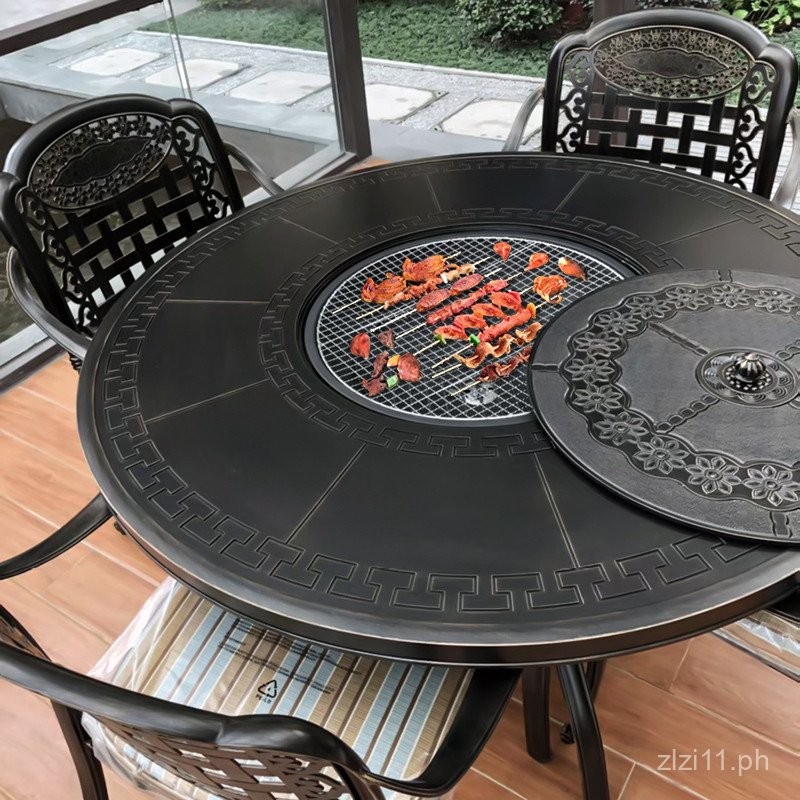 Outdoor BBQ Table and Chairs Electric Grill Charcoal Grill Patio Set ...