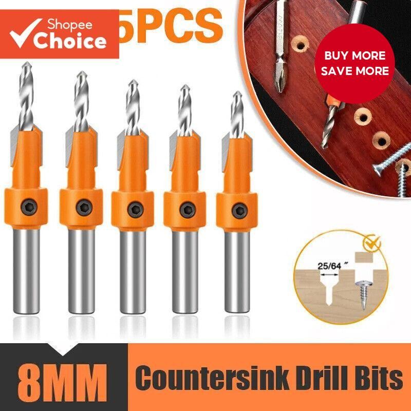 5PCS Holes Pilot Shank Bit HSS Woodworking Countersink Set Screw Hex ...