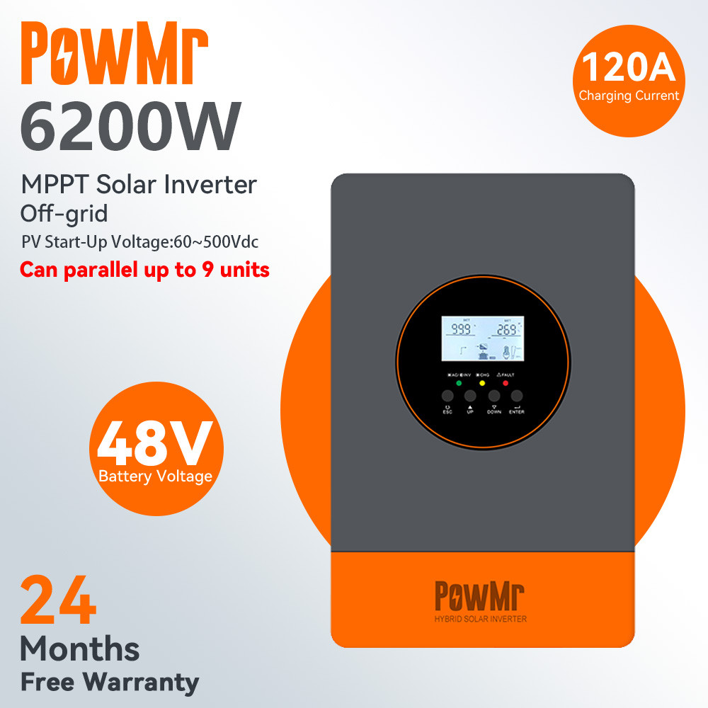 PowMr MPPT 6.2KW Off Grid Solar Hybrid Inverter 230Vac Built-in 120A MPPT Solar Charger ...