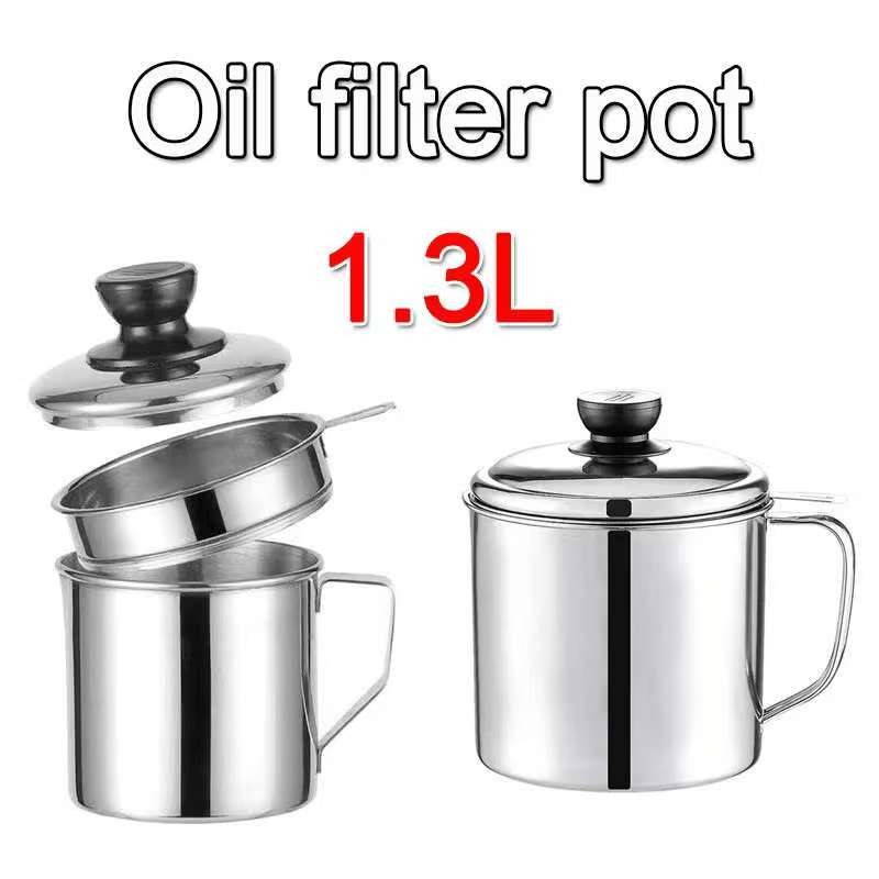 1.3L Stainless Steel Oil Strainer Pot with Lid Filter Cooking Oil ...