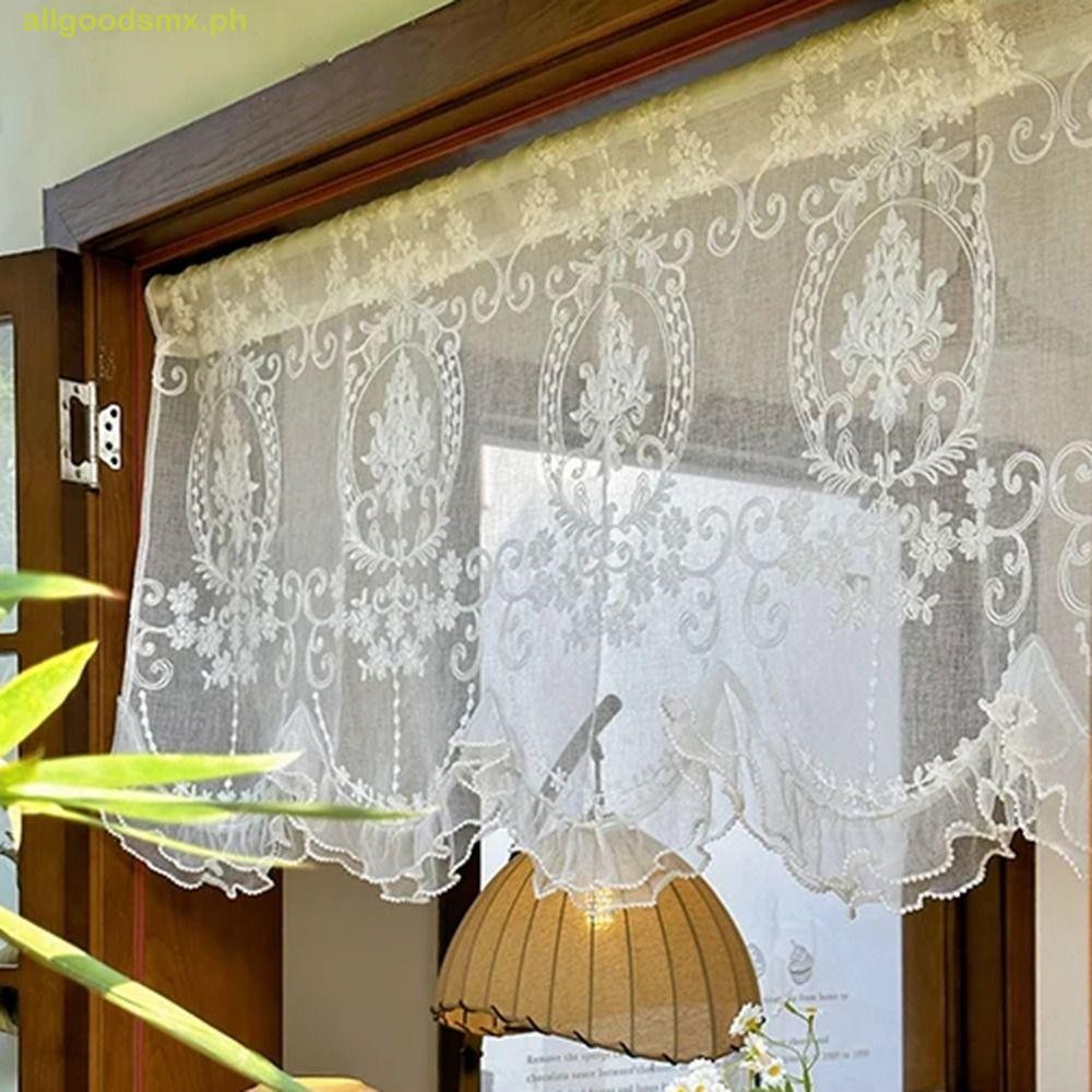 ALLGOODSMX Ruffled Lace Short Sheer Curtain, Embroidered Double Pearls ...