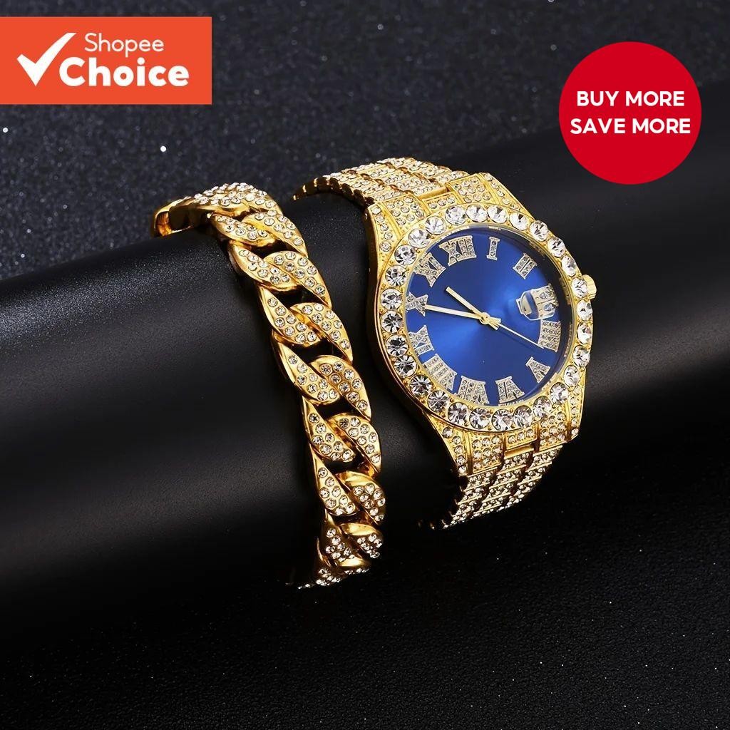 2pcs/set Iced Out Watch Men Luxury Brand Full Artificial Diamond Men's ...