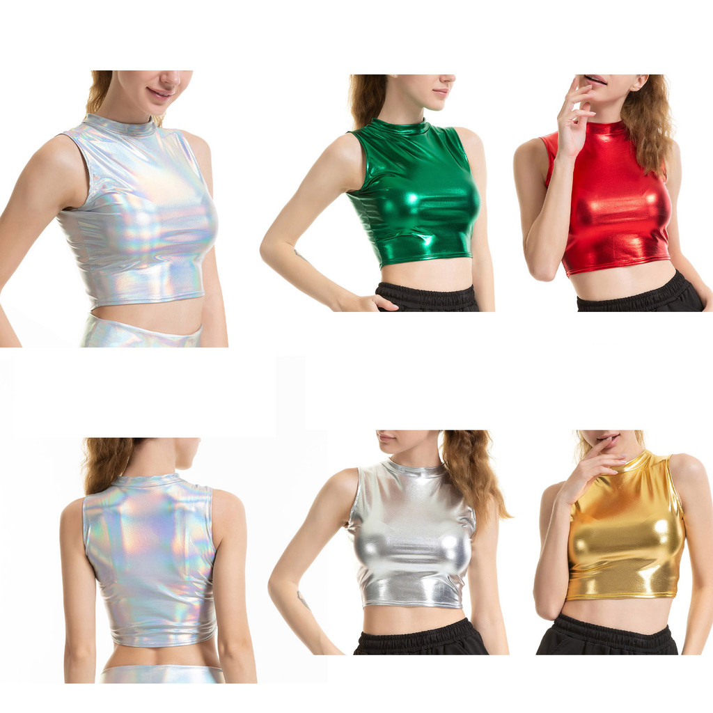 inhzoy Fashion Metallic Shiny Sleeveless Crop Top Clubwear Ladies ...