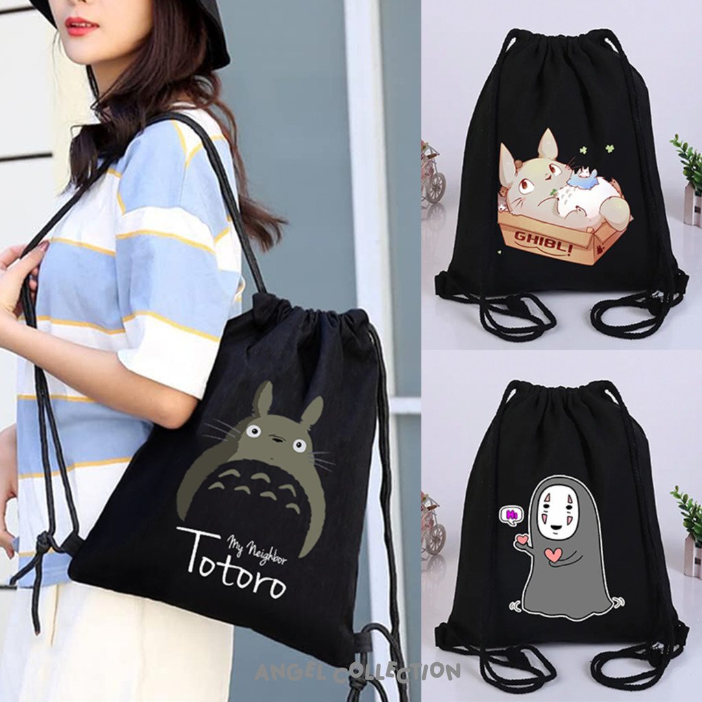 HITAM Enjel String Bag Drawstring Bag Black 100% Canvas Ghibli Totoro Spirited Away Japanese ...