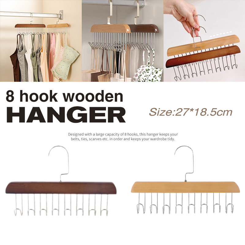 8 Hook Solid Wood Hanger Woman Bra Hanger Man Belt Tie Hanger Durable ...