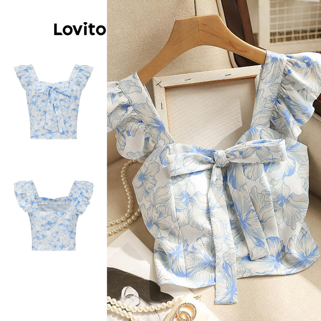 Lovito Women Elegant Ditsy Floral Ruffle Bow Front Tank Top LNE62124 ...