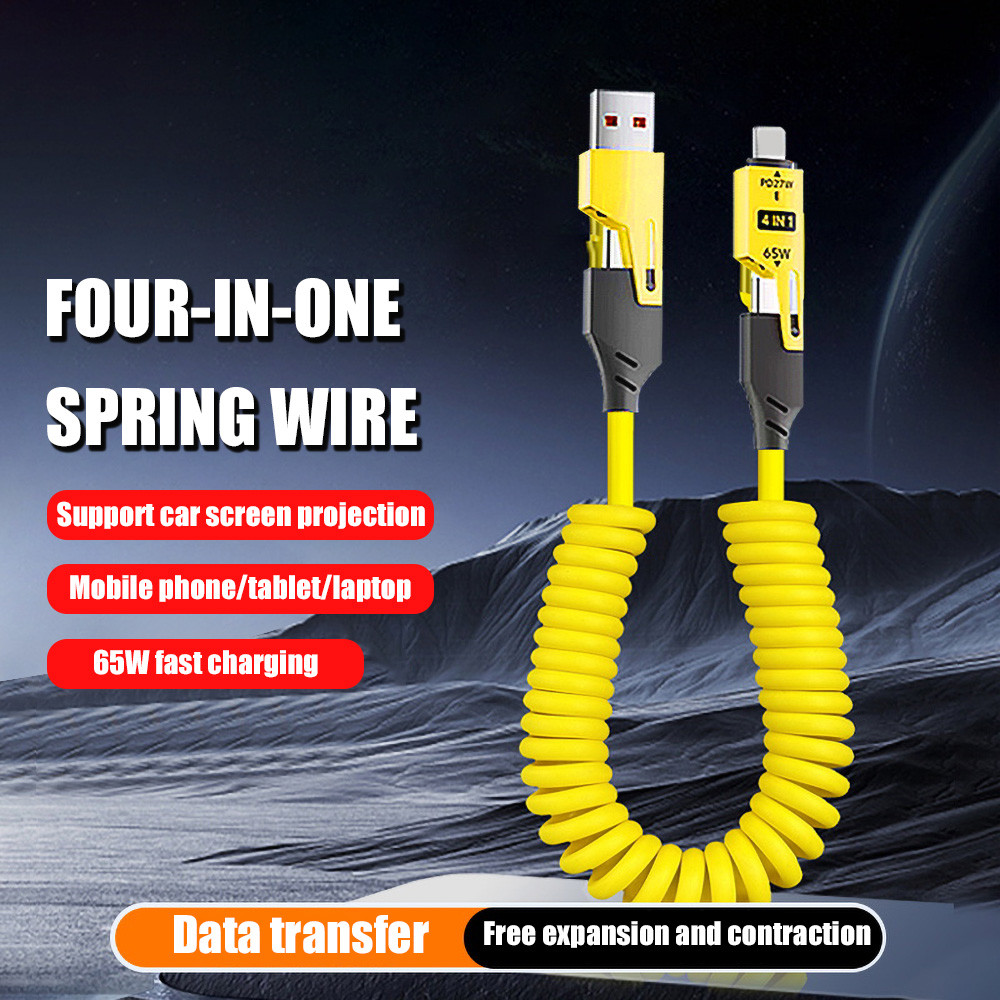 4 in 1 Spring Telescopic Cable 65W Super Fast Charger Cable Zinc Alloy ...
