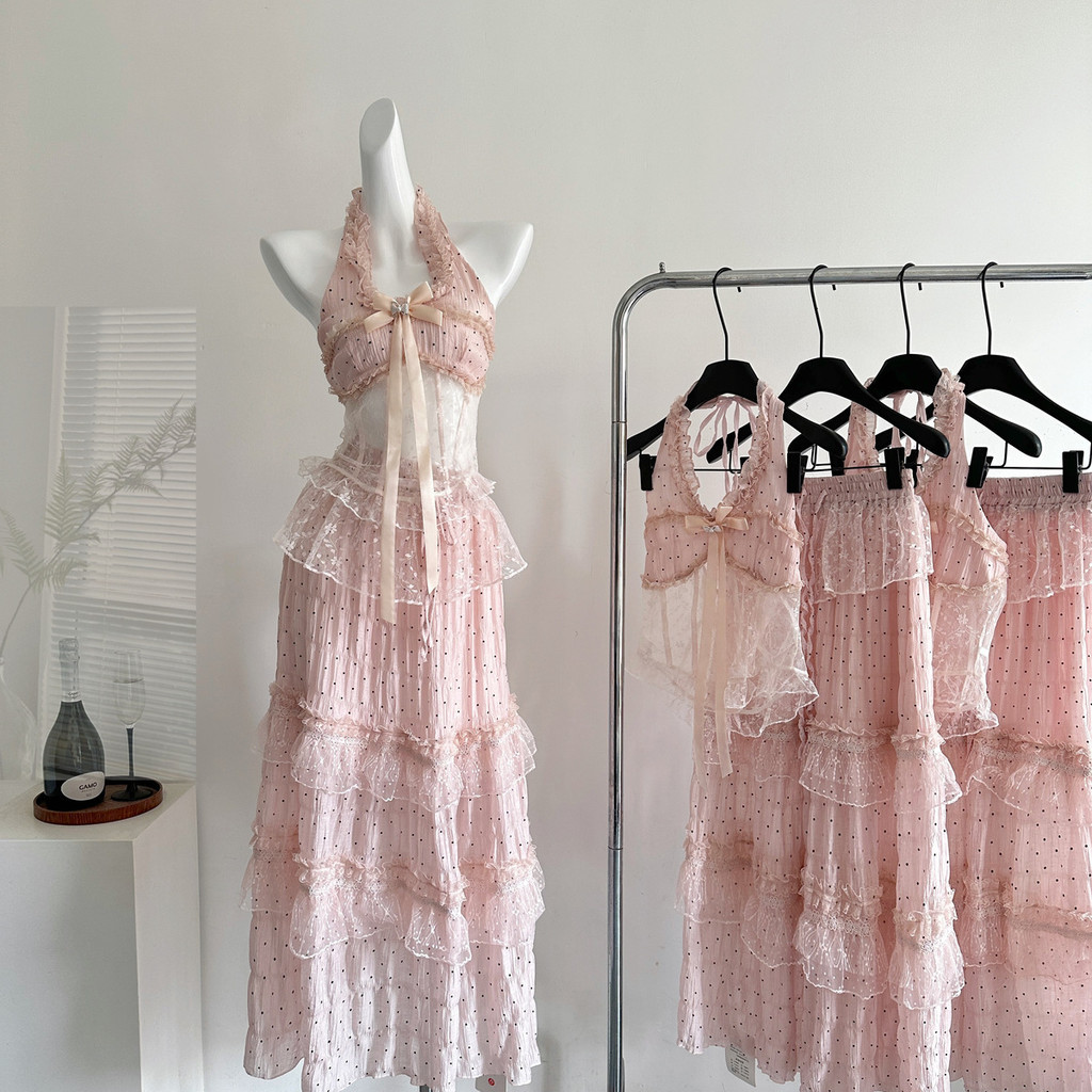 French Guava Style Sweet Hot Girl Pink Halterneck Sling Dress Female ...