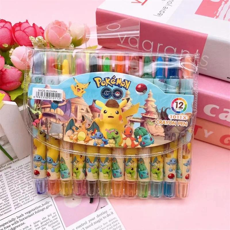 12pcs/Set Pokemon Pikachu Color Crayons Cartoon Paint Brush Student ...