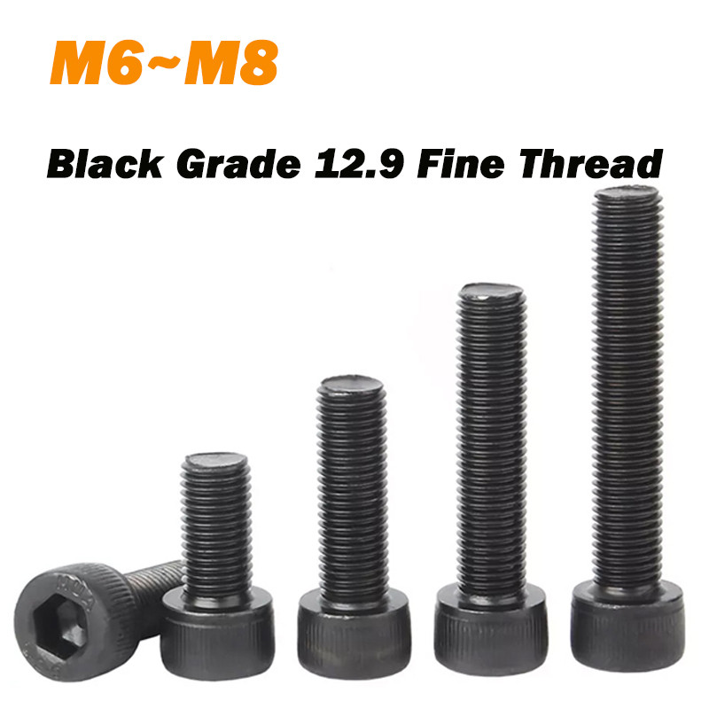 Screw M6 M8 M10 Pitch 0.75/1.0/1.25mm Black Fine Thread Grade 12.9 Carbon Steel Hex Socket Head ...