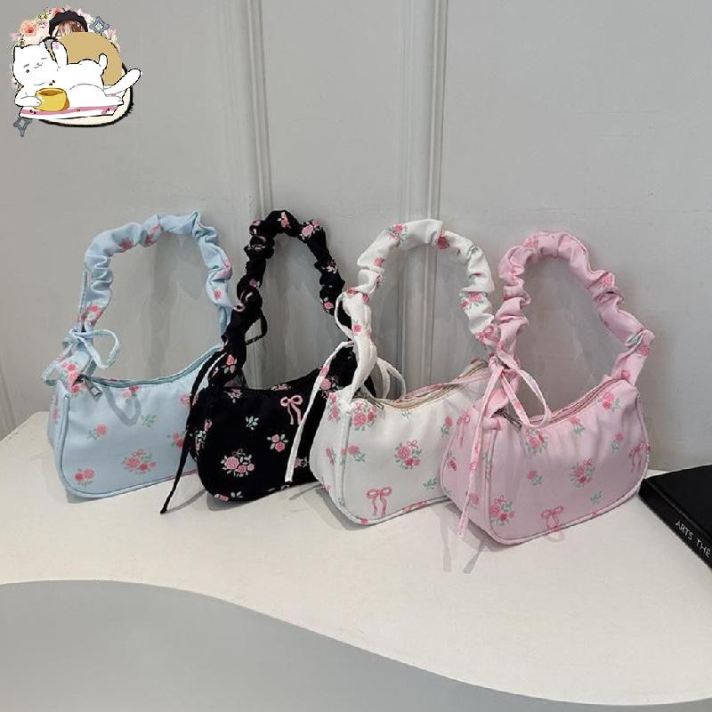 Simple Ruched Flower Pleated Underarm Bag Sweet Handle Nylon Handbag ...