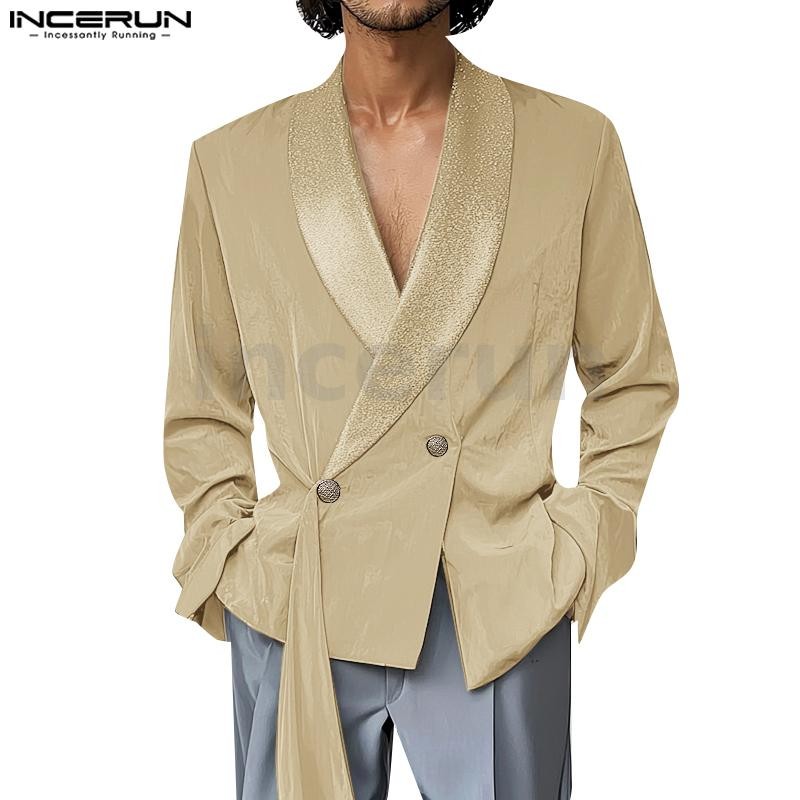 INCERUN Men Vintage Fashion Patchwork Long Sleeve Solid Color Casual ...