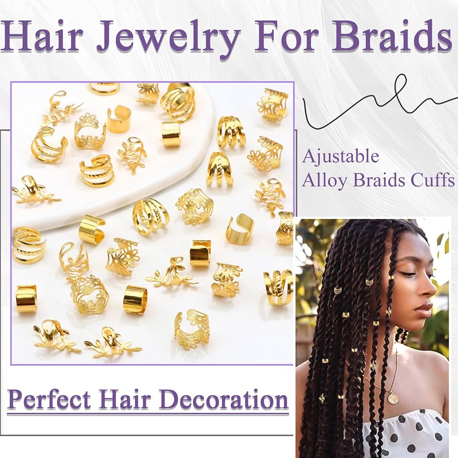 40pcs Gold Silver Color Hair Jewelry for Braids Multi Style Hair Cuffs ...