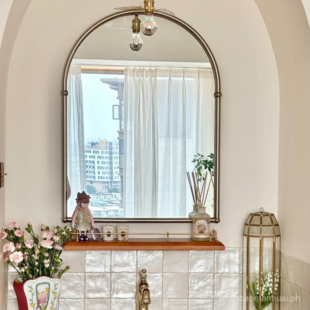 Brass Retro Arch Smart Bathroom Mirror Dressing Table Mirror Makeup ...