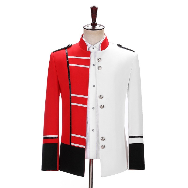 Men's Red and White Stand-up Collar Court Dance Stage Military Uniform ...
