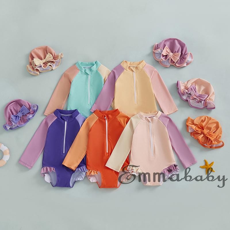 Emma-Baby Girls Rash Guard Swimsuit with Hat 2 Pcs Set Contrast Color ...