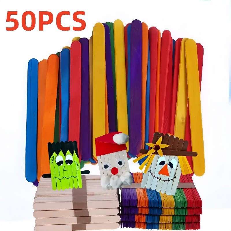 50PCS DIY Crafts Wooden Popsicle Stick Ice Cream Sticks Color ...