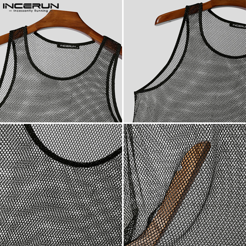 INCERUN Men Vintage Daily Casual Glitter Hollow Mesh Sleeveless Tanks ...