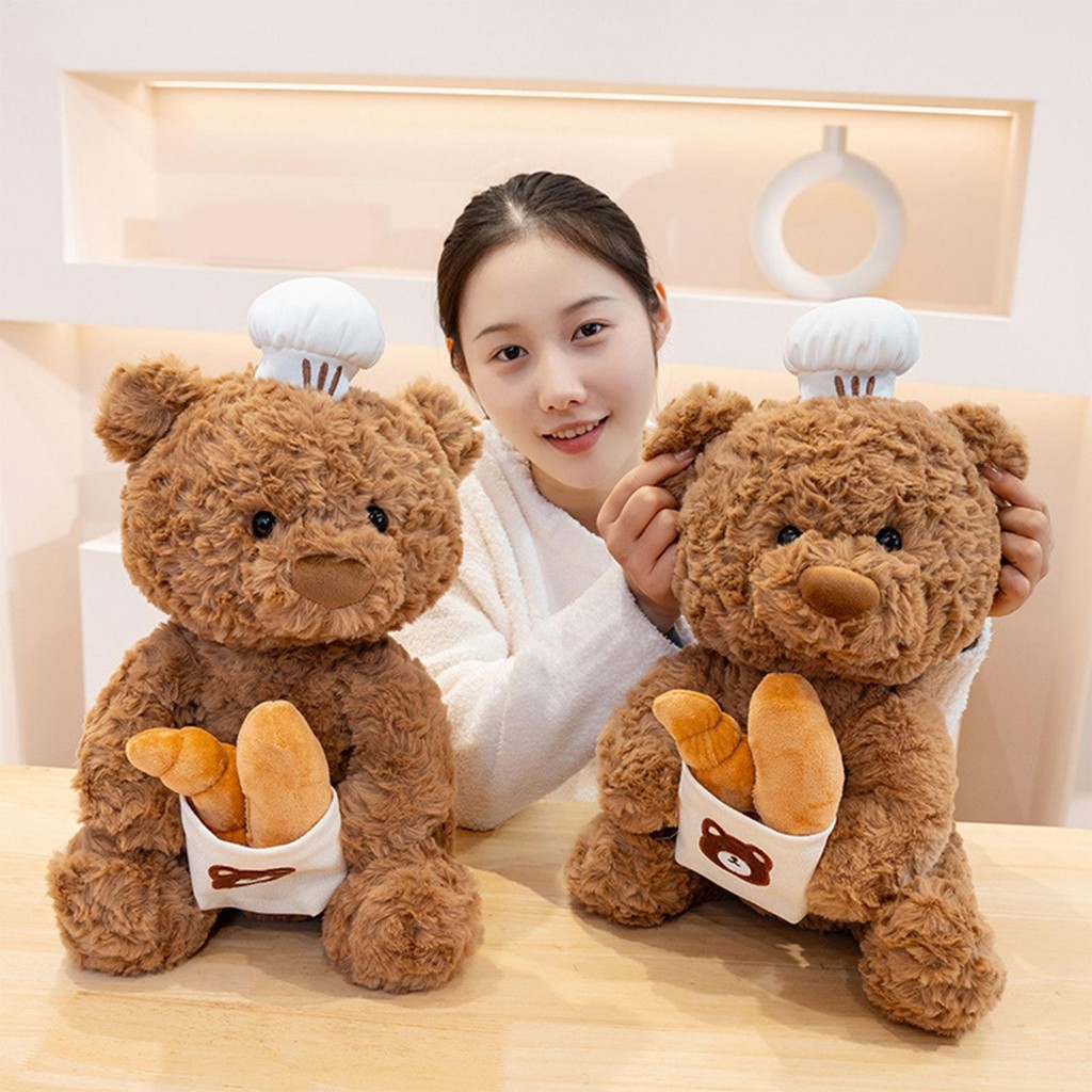 Bear Plush Cute Bear 10inch Plushies Stuffed Toy Pastry Chef's Hat Holding Bread Adorable Bear ...