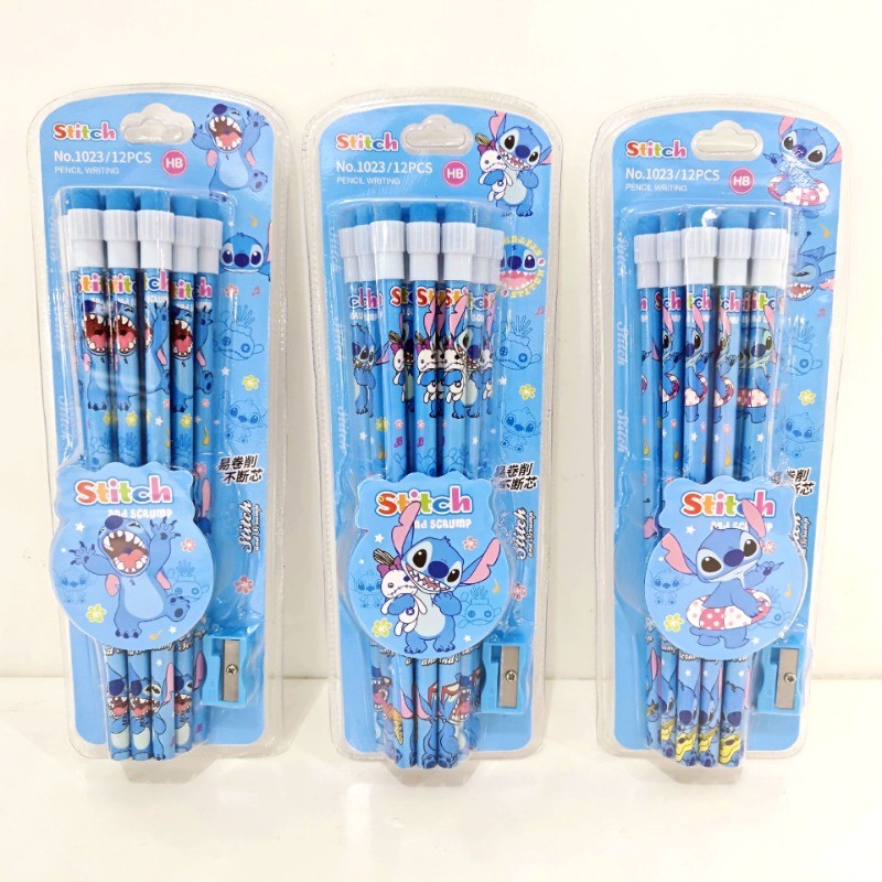 12pcs Stitch HB Pnecil with Sharpener Students Cartoon Cute Pencil ...