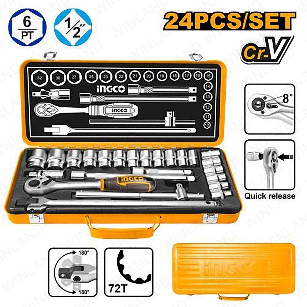 Ingco by Winland 24PCS/Set 1/2inches DR.Cr-V Material Sockets Set ...