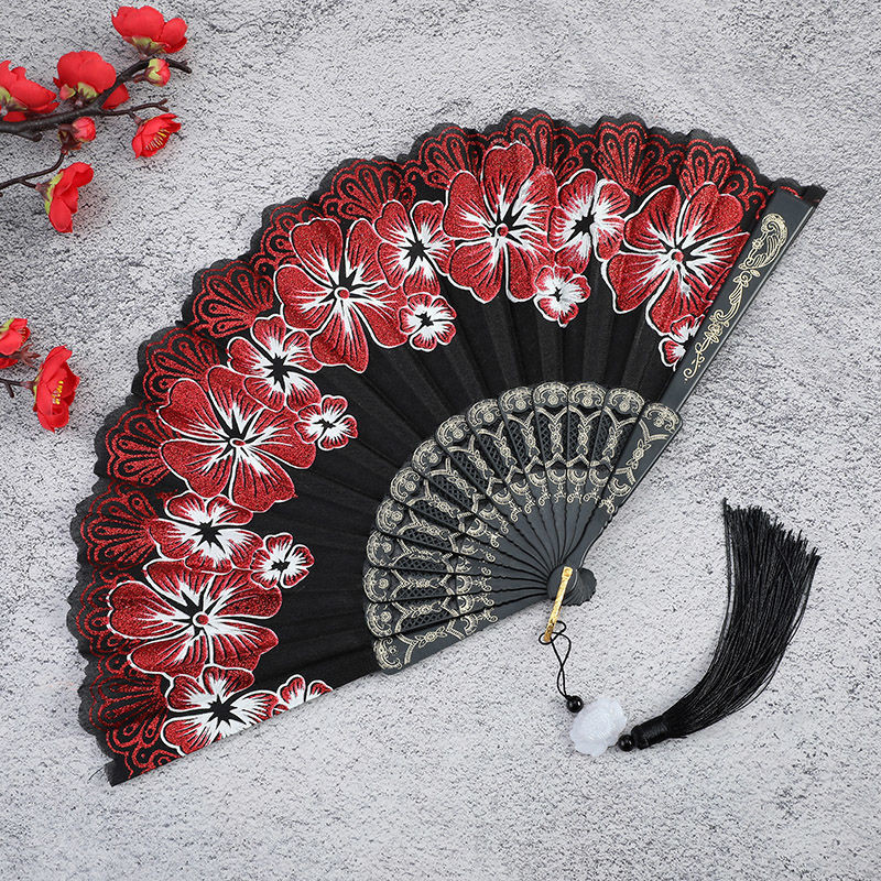Black Background Flowers Chinese Fan Antique Cheongsam Fan Dance Fan ...