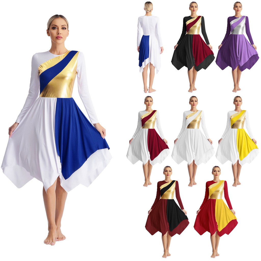 Women Liturgical Lyrical Dance Dress Long Sleeve Metallic Contrast ...
