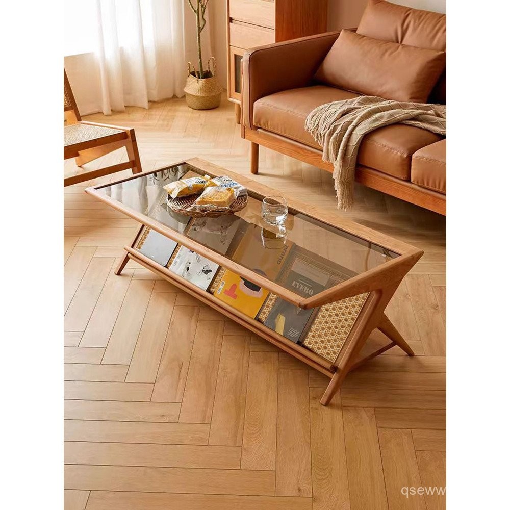 Rattan Woven Solid Wood Nordic Coffee Table Ash Wood Living Room Home ...