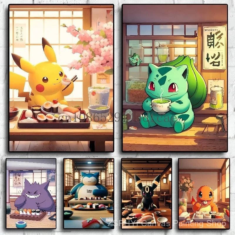 Japanese Classic Anime Pokemon Poster Decor Pikachu Bulbasaur Wall Art ...