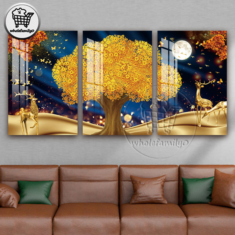 3pcs/set Golden Tree Wall Frame Decoration Living Room Wealth Tree ...