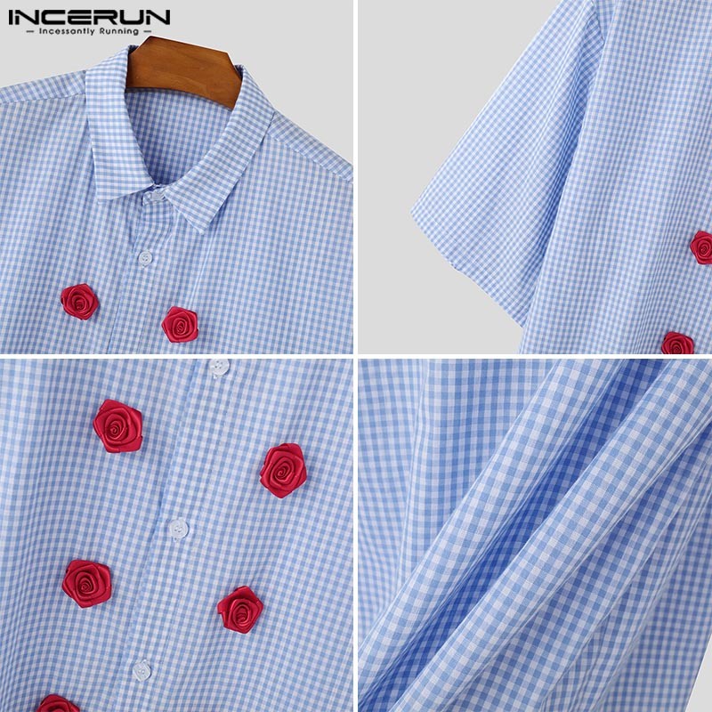 INCERUN Men Vintage Fashion Plaid Cubic Flower Design Short Sleeve ...
