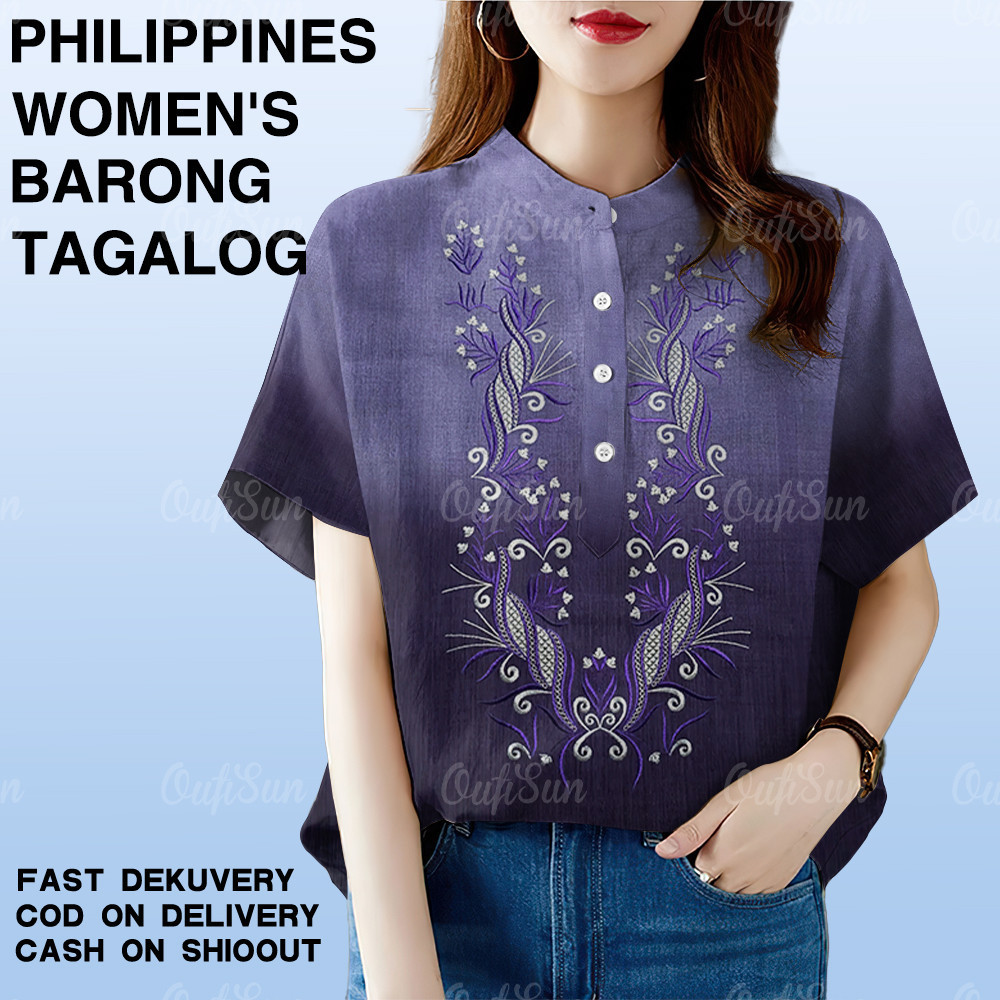 2025 Barong Tagalog-Women Tops-Ethnic Stand Collar Shirt-Modern-Purple ...