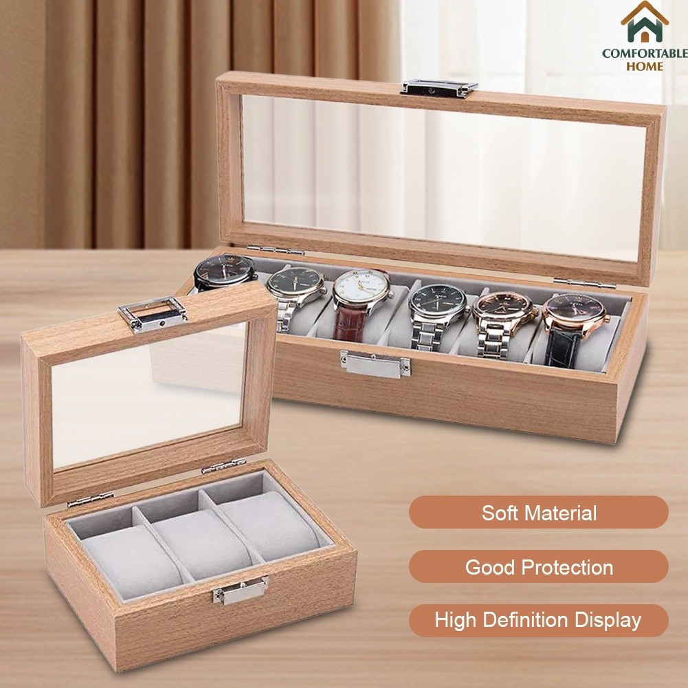 CHS 3/6 Grid Slot Watches Case Wooden Glass Watch Box Display Jewelry ...