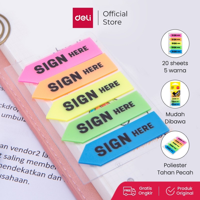 Deli Index Plastic Tab Sign Here [44 × 12 mm/5 × 20 sheets/5 Colors ...