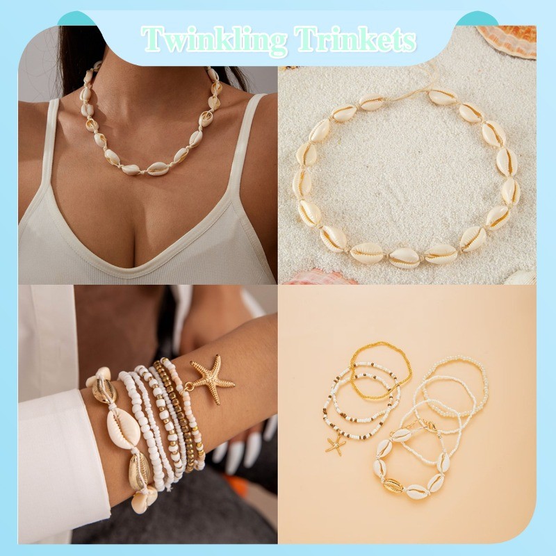 Bohemian Shell Bracelet Necklace Starfish Bead 7 PCS Set Beige Shell Beach Style Jewelry ...