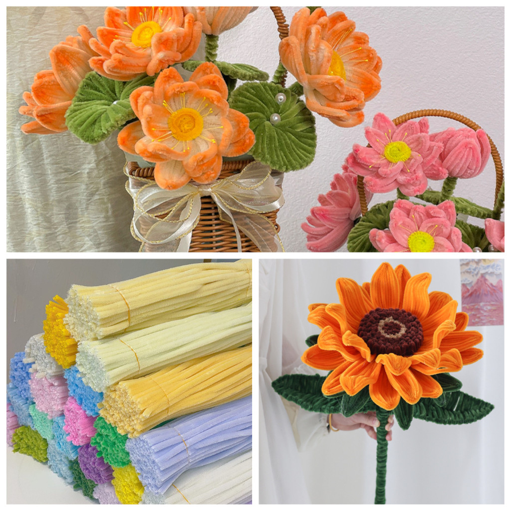 100Pcs Encrypted Chenille Stem DIY Tulip Sunflower Velvet Fuzzy Wire ...