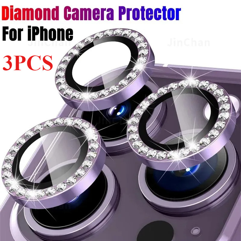 3Pcs HD Metal Diamond Sparkle Full Cover Tempered Glass Camera Lens ...
